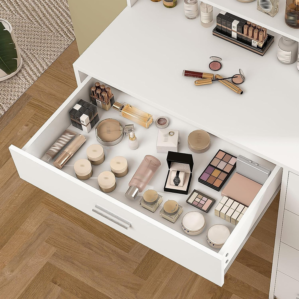 Quimoo Makeup Vanity Desk with Mirror & Lights, Vanity Desk with 5 Drawers & Storage Shelves, Vanity Table, 3 Color Modes & Adjustable Brightness Dressing Table, Bedroom