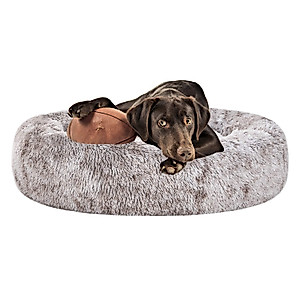 Coohom Oval Calming Donut Cuddler Dog Bed,Shag Faux Fur Cat Bed Washable Round Pillow Pet Bed(30"/36"/43") for Small Medium Dogs (L(30"x24"x8"),Light Brown)