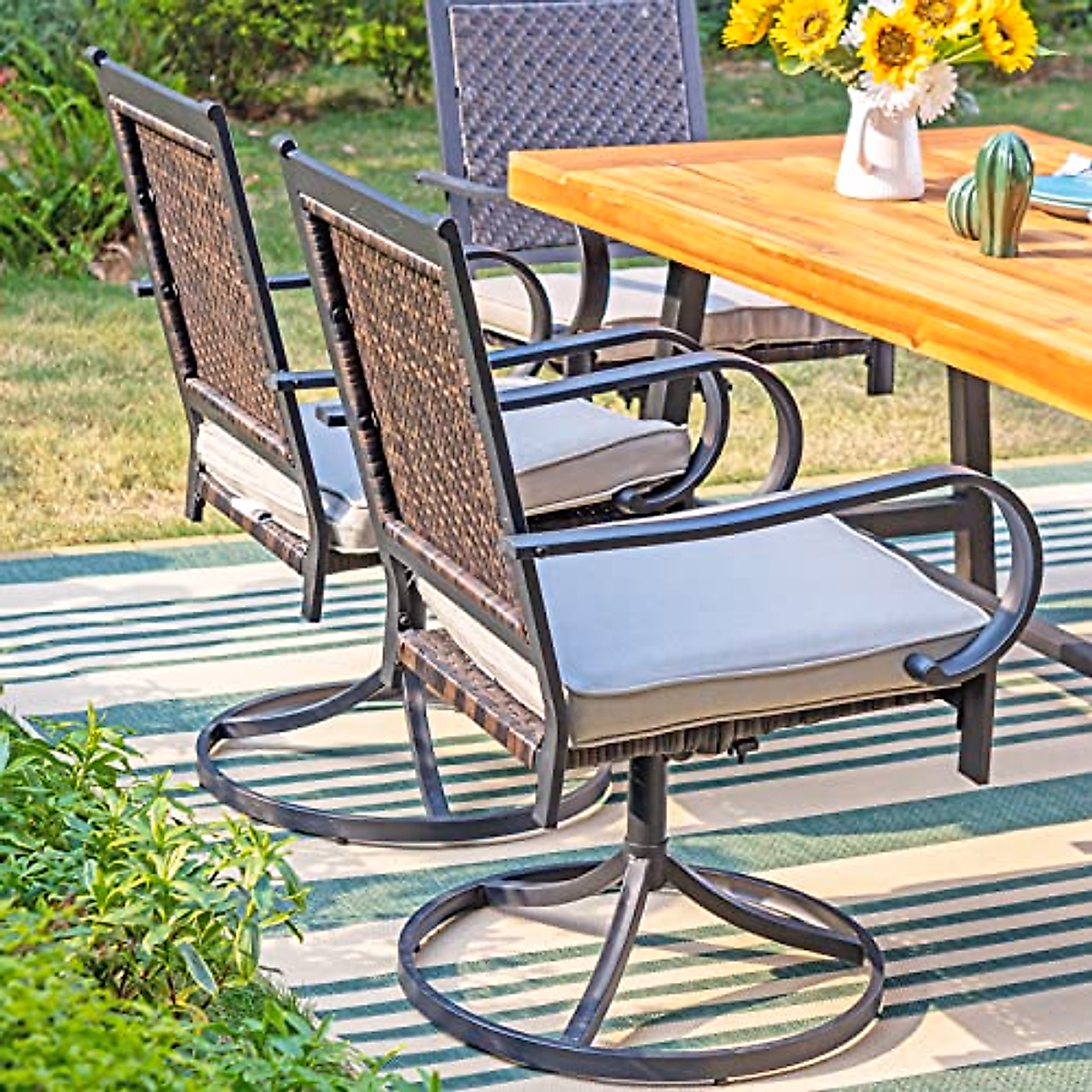 Sophia & William 6 Pieces Patio Dining Set for 6, 4 PE Rattan Swivel Chairs and 1 Rectangular Acacia Wood Table and 1 Bench, Outdoor Table and Chairs with Cushions, Outside Furniture for Yard Porch