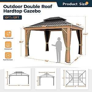 HAPPATIO 10' x 12' Hardtop Gazebo, Outdoor Wood Grain Frame Aluminum Gazebo with Galvanized Steel Double Roof，Patio Gazebo Canopy with Netting and Curtains for Patio, Lawns, Deck，Backyard (Beige)