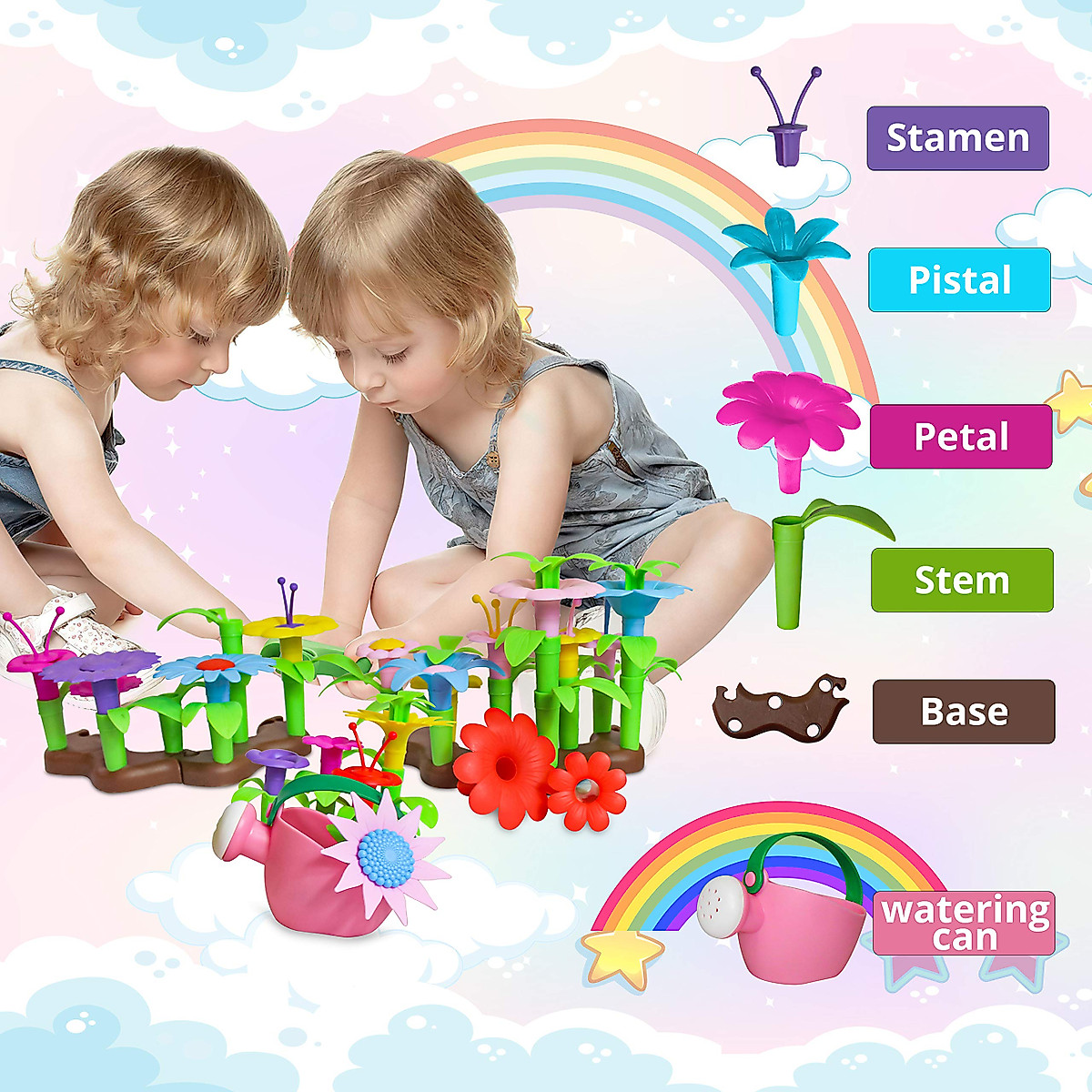 Liquidation! 105 Pcs Flower Garden Building Toys with Carrying Case and Watering Can, Build-A-Garden, Girls Gifts for Ages 3 4 5 6 7, Creative Toddler Stem Activities, Best Educational Kids Playset