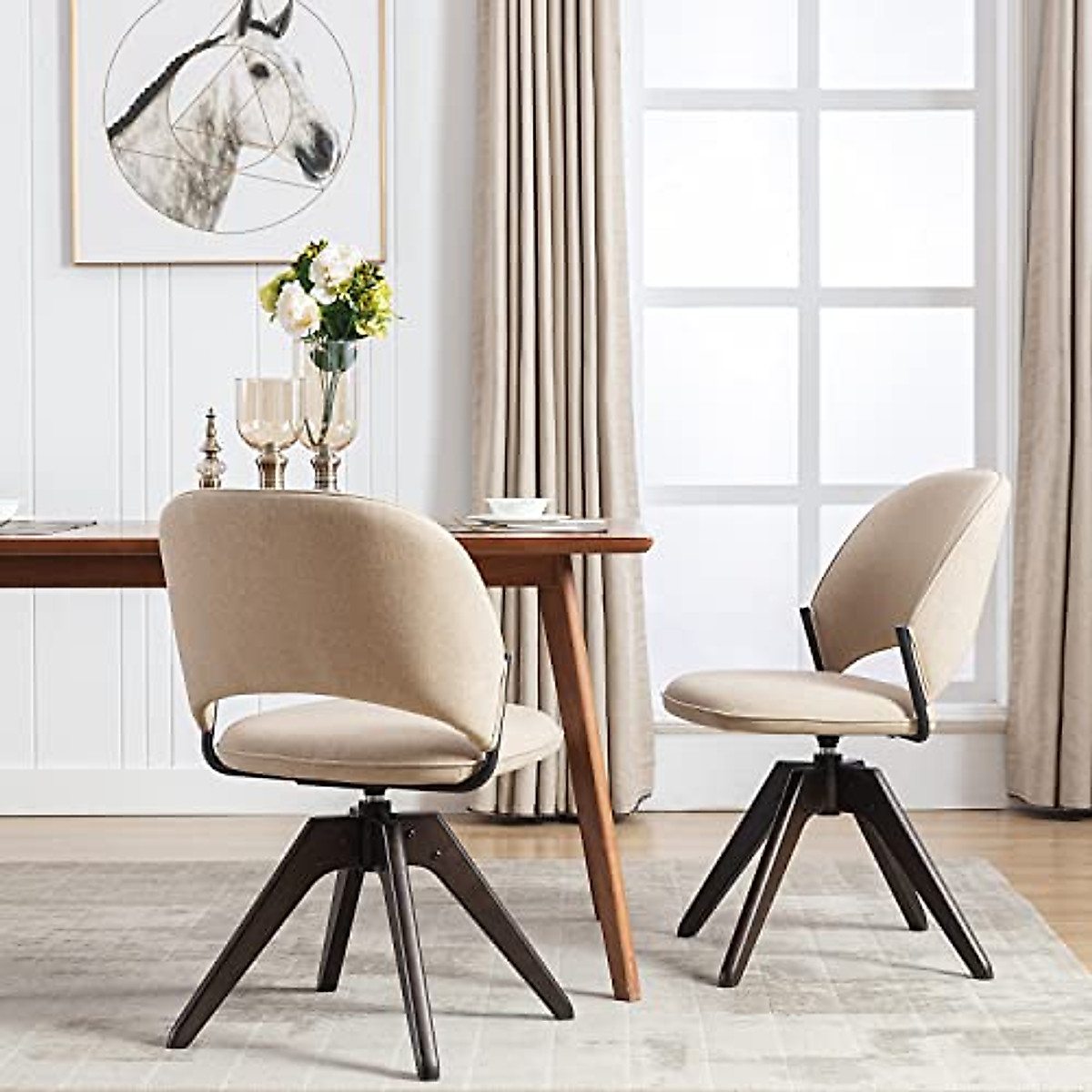 PSNL Mid-Century Modern Swivel Accent Chair Comfortable Home Office Computer Desk Chair No Wheels for Living Room with Breathable Fabric Upholstered Wood Legs (Armless, Beige)