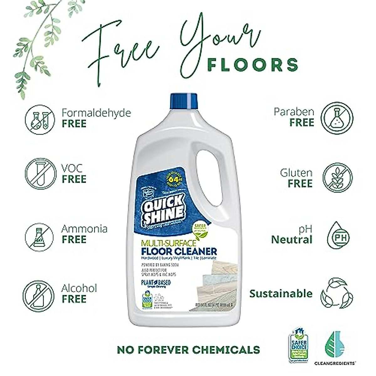 Quick Shine Multi Surface Floor Cleaner 64oz | Plant-Based, Ready to Use, Dirt Dissolving, Streak Free, No Rinse | Use on Hardwood, Laminate, Luxury Vinyl Plank, Tile & Stone | Safer Choice