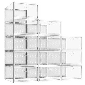 Pinkpum Shoe Ogranizer for Closet, 12 Pack Shoe Storage Boxes Clear Plastic Stackable Shoe Box, Shoe Containers Storage with Lids, Sneaker Container Bin Holder, Clear White