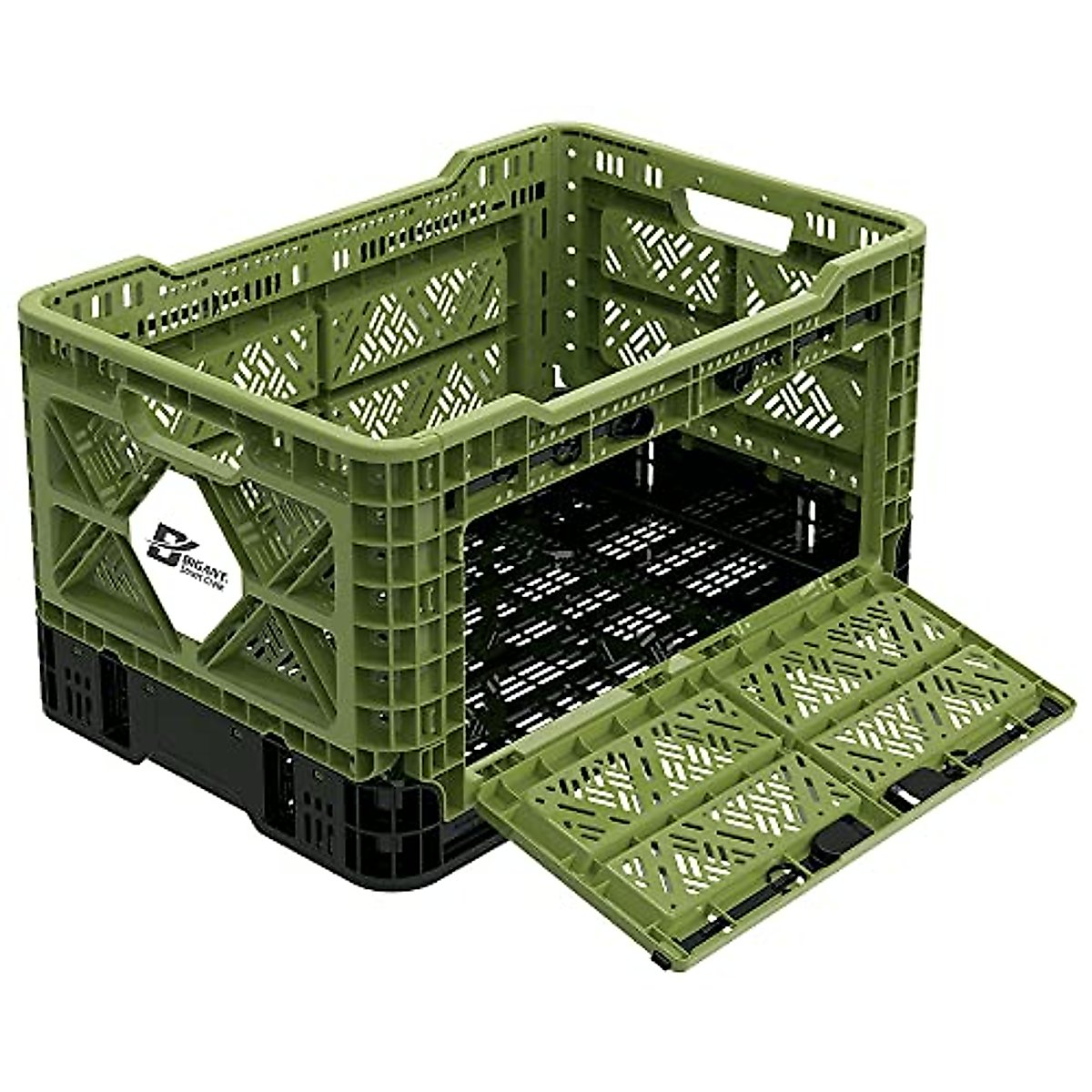 Bigant Heavy Duty Collapsible & Stackable Plastic Milk Crate-Medium Size, Olive, Stackable Open Front Organizer, Set of 1, Snap Lock Foldable Industrial Garage Storage Bin Container Utility Basket