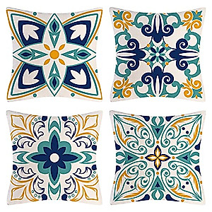 Outdoor Throw Pillow Covers Waterproof Pillow Covers Floral Printed Boho Farmhouse Decorative Pillow Cushion Covers 18x18 Set of 4 for Patio Funiture Garden Balcony Tent Couch, Teal Blue