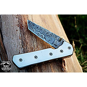 BLACK MAMBA KNIVES Damascus Pocket Knife with Clip, Folding Knife, Damascus Steel Folding Pocket Knife Folding Hunting Knife