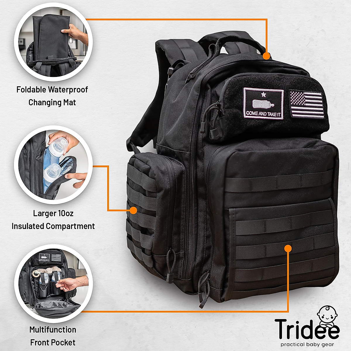 Dad Diaper Bag - Molle-Style Military Diaper Backpack Made of Rugged 900D Waterproof Polyester with Wider Extra-Long Straps, Pouch for Dirty Diapers, Baby Wipes Dispenser & Insulated Bottle Pockets