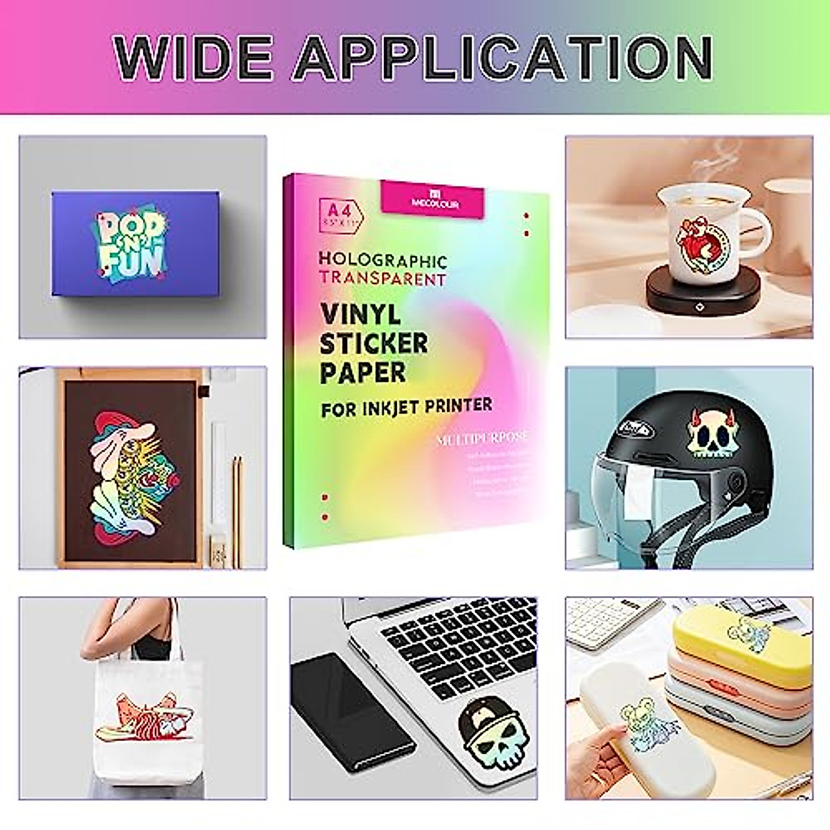 Printable Vinyl Sticker Paper DIY Decal Paper for Inkjet & Laser Printer Self-Adhesive Sheets Holographic Transparent 100 Sheets 8.5X11"