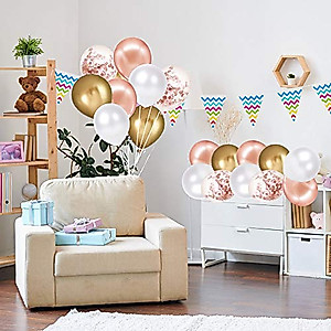 Rose Gold Confetti Latex Balloons, 60 Pack White Gold Balloon 12 inch Birthday Balloons with Gold Ribbon for Party Wedding Bridal Shower Decorations