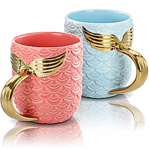 Youeon 2 Pack 15 Oz Mermaid Mugs with Gold Tail Handle, Cute Coffee Mugs with Gift Box, Ceramic Mug Set, Big Tea Cup, Gift Mugs for Men, Women, Kids, Birthday, Valentine, Wedding