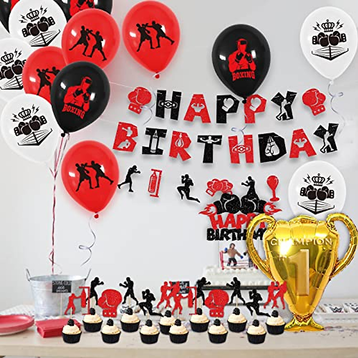 Boxing Birthday Party Decorations, Boxing Birthday Banner Cake Topper Balloons, Fight Sports Wrestling Party Supplies Boxer Boxing Match Theme Party Supplies