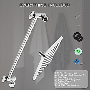 8'' Rain Shower Head with 15'' Extension Arm- 𝟮 𝗳𝗼𝗿 𝟭 𝗖𝗼𝗺𝗯𝗼 Large Surface Fixed Square Shower Head- Extra Long Adjustable Shower Head Extension Arm- Singing Rain Ultimate Shower Experience