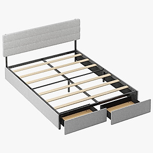 ZAFLY Platform California King Size Bed Frame with Linen Adjustable Headboard,Cal King Bed Frame with 2 Storage Drawers,Wooden Slats Support,No Box Spring Needed,Easy Assembly,Light Grey