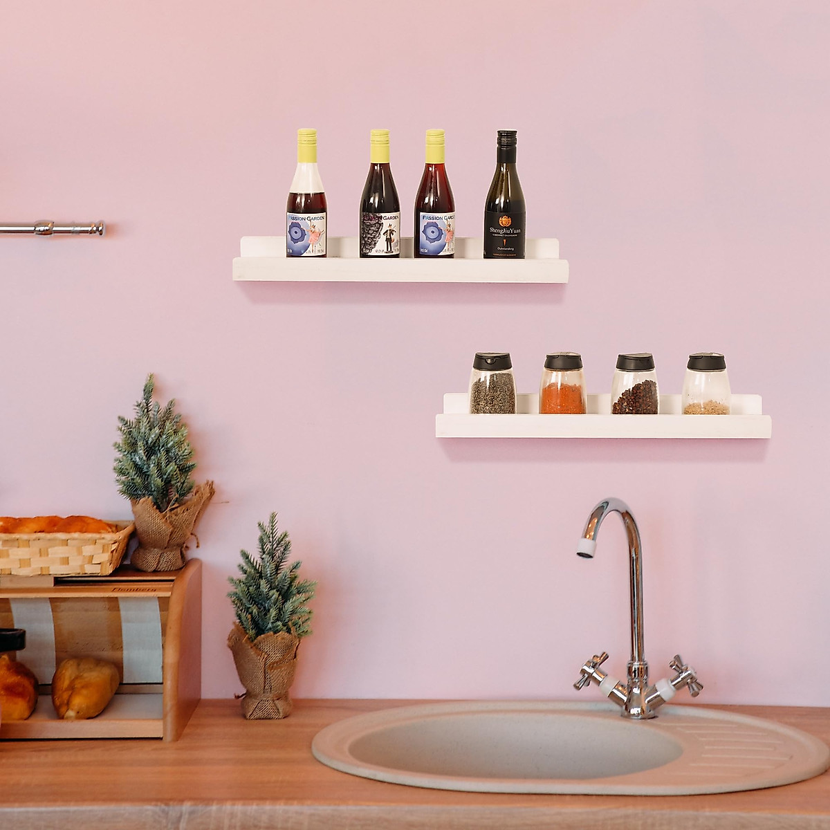 PHOENANCEE Picture Shelf Set of 2,Wood Wall Ledge with Lip,Photo Frames Book Storage Display Shelves for Living Room Bedroom Kitchen Kids Nursery,Home Office Decor(Rustic White,17 Inch)