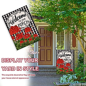 Covido Home Decorative Welcome to Our Porch Geranium Spring Summer Garden Flag, Red Flower Black White Buffalo Plaid Check House Yard Outside Decoration Fall Autumn Farmhouse Outdoor Small Decor 12x18