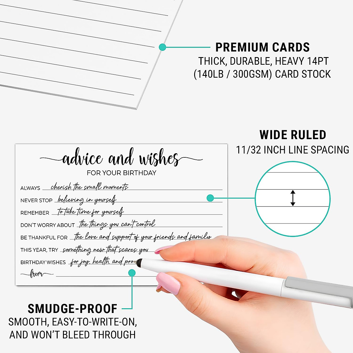 321Done Birthday Wishes and Advice (50) 4x6" White Cards - Good Advice, Best Wishes, Memories Cards - Bday Party Idea Activity - Sweet 16, 30th, 40th, 50th - Fun Ad Lib Prompts - Made in USA