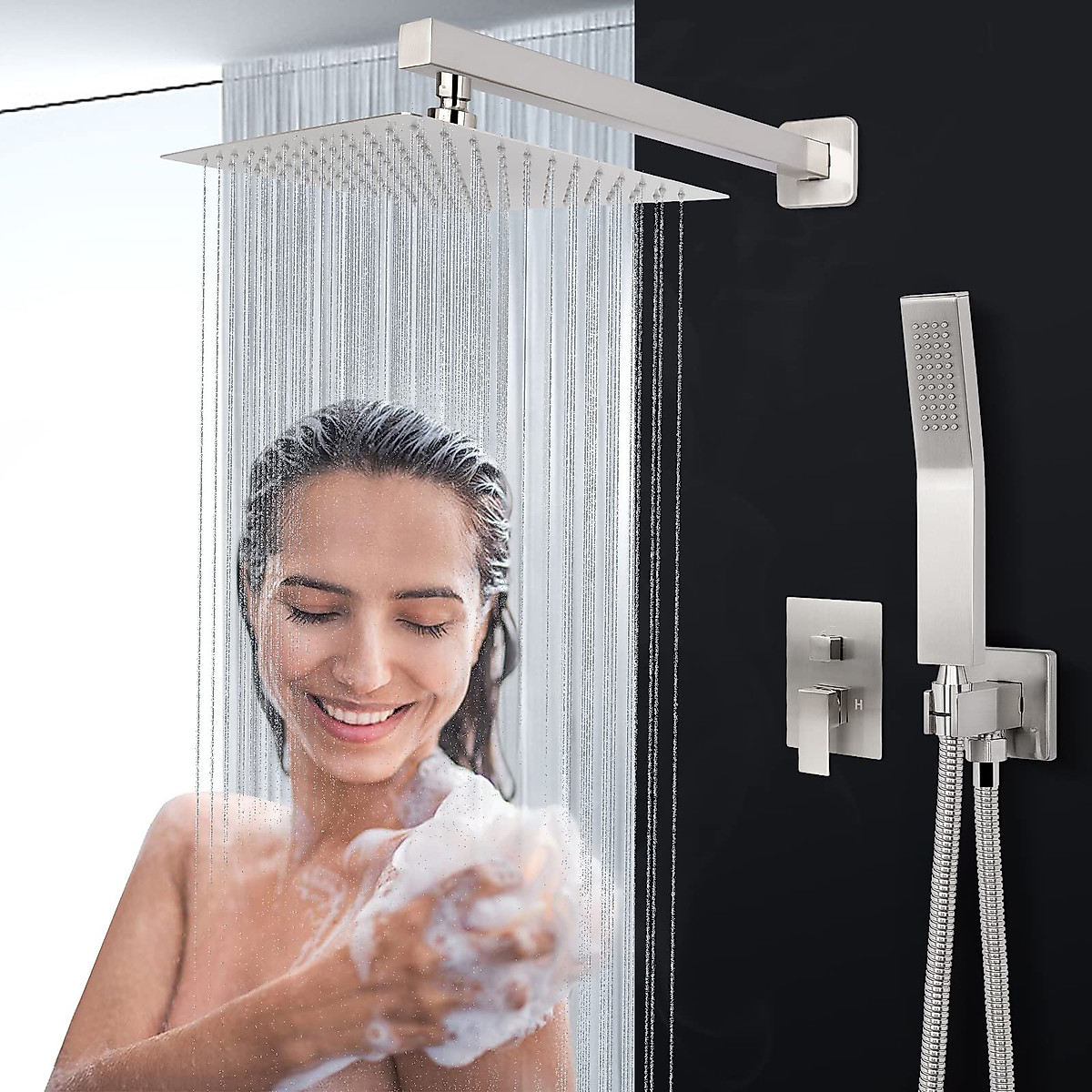 NearMoon Wall Supply Elbow with Handheld Shower Holder - Solid Brass Square Shower Bracket with Flange G1/2 Shower Hose Connector, Wall Mounted Drop Union Male Water Outlet (Brushed Nickel)