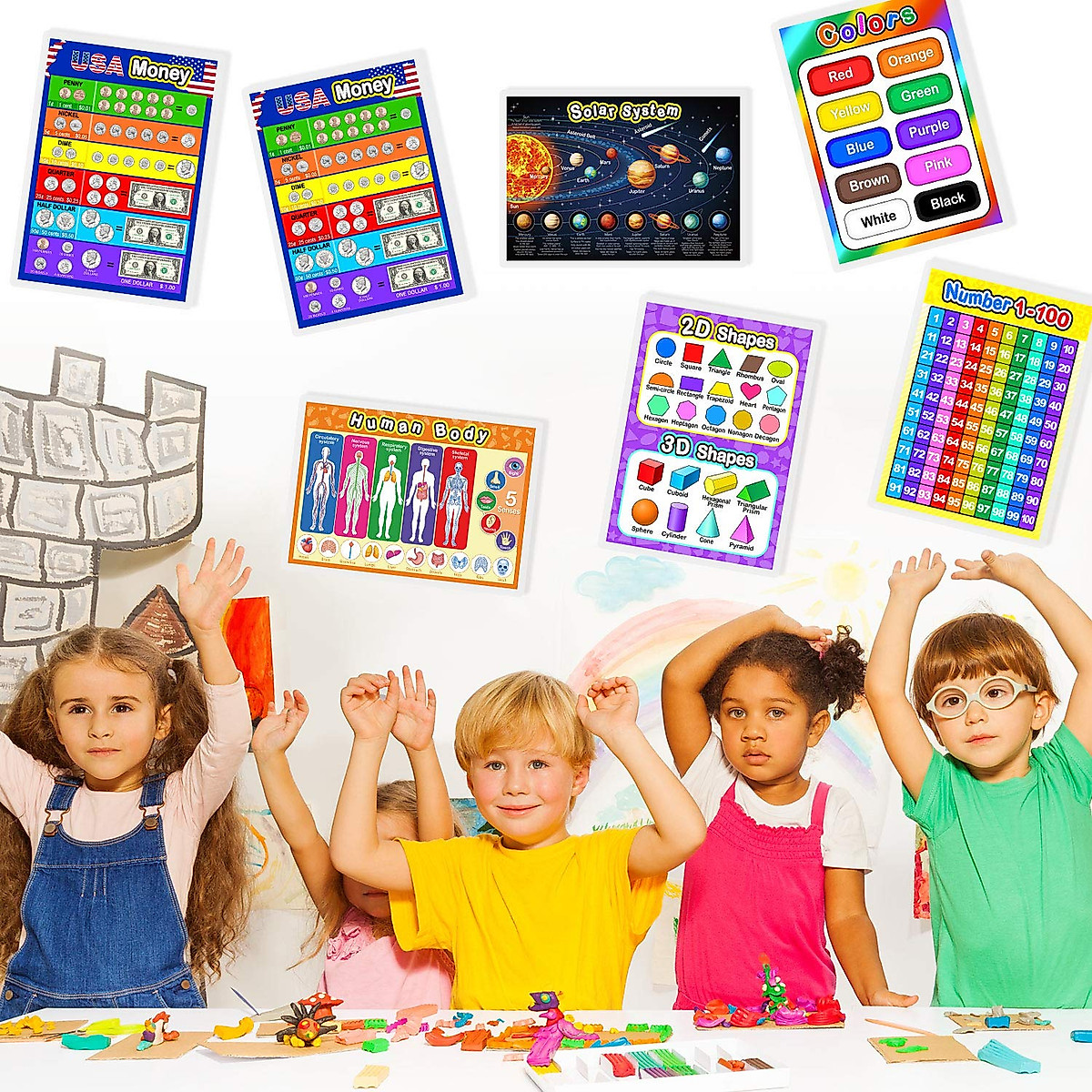 Outus 2 Pcs Number Chart 1-100 Money Poster Preschool Educational Posters Kids Toddlers Learning Supplies Laminated Currency Chart for Nursery Home School Pre-k Kindergarten Classroom Back to School