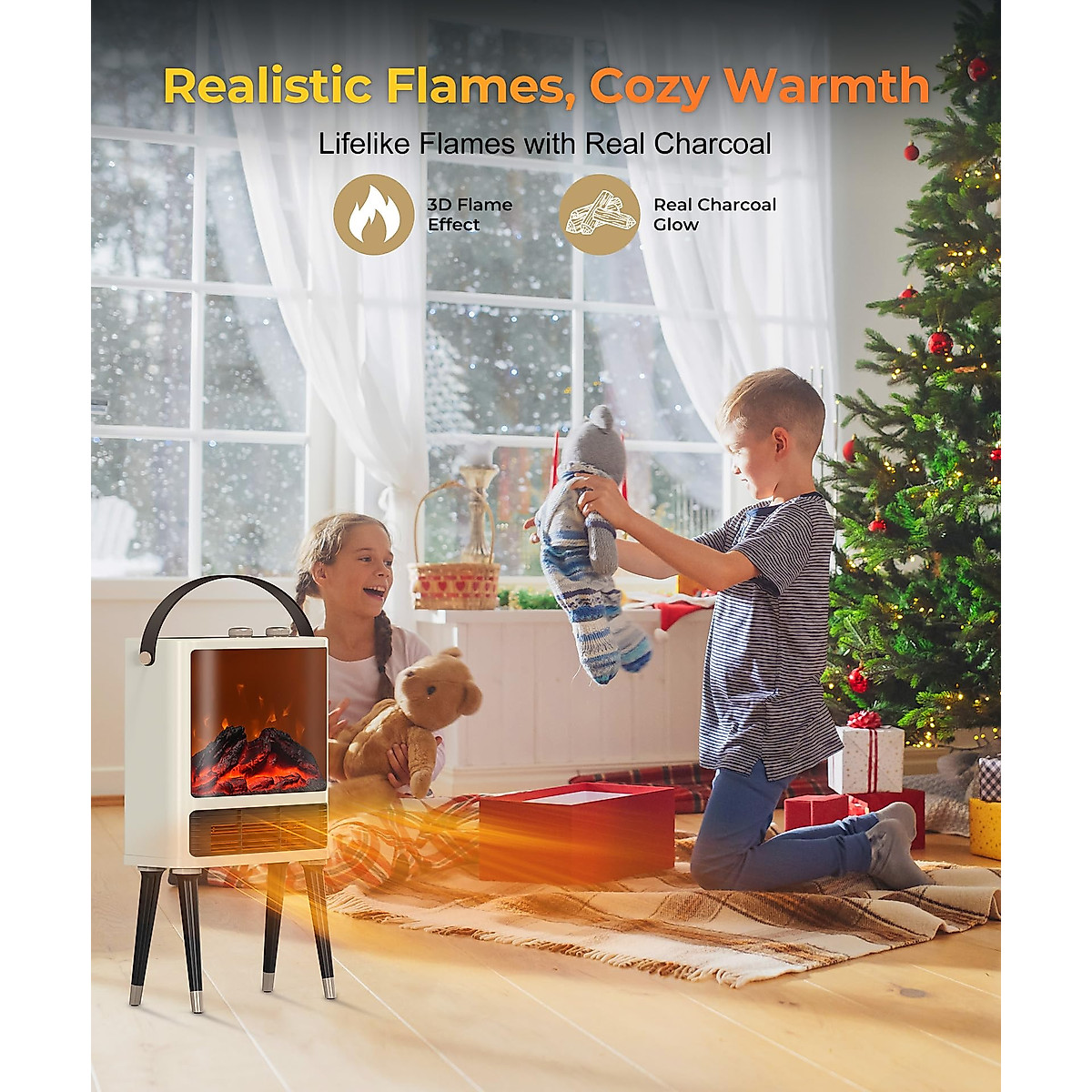 Fireplace Heater, Fireplace Space Heater for Indoor Use, Space Heater with Realistic 3D LED Flame, 2 Modes, Overheating & Tip-Over Protection, 1500W Fireplace Electric Heater for Bedroom White