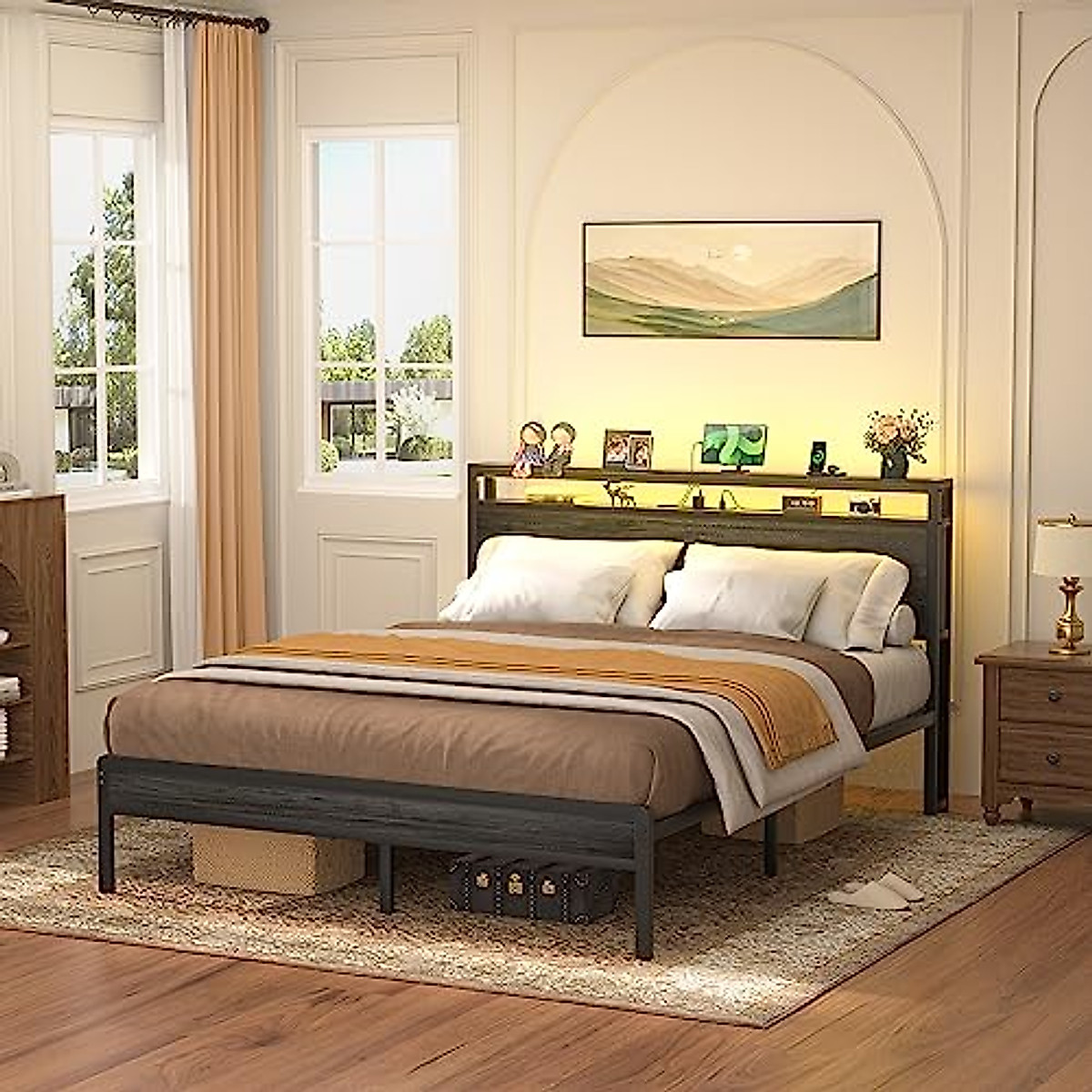Homieasy Queen Size Bed Frame with Charging Station and Led Lights, Industrial Metal Platform Bed with Storage Headboard, Steel Slat Support, No Box Spring Needed, Noise-Free, Easy Assembly, Black Oak