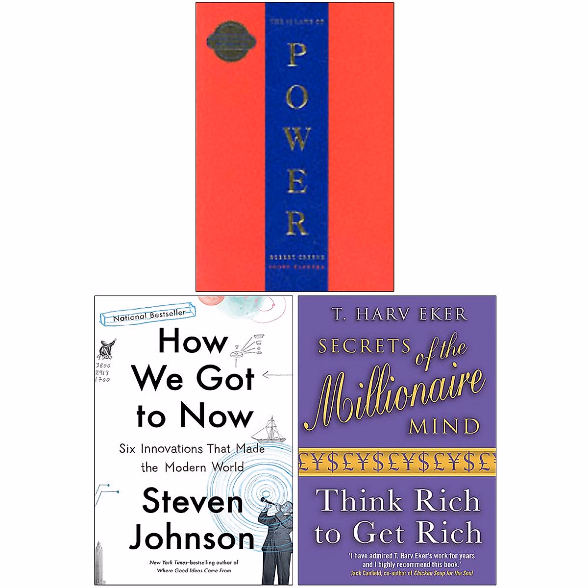 The 48 Laws Of Power, How We Got to Now Six Innovations That Made the Modern World, Secrets of the Millionaire Mind Think Rich to Get Rich 3 Books Collection Set