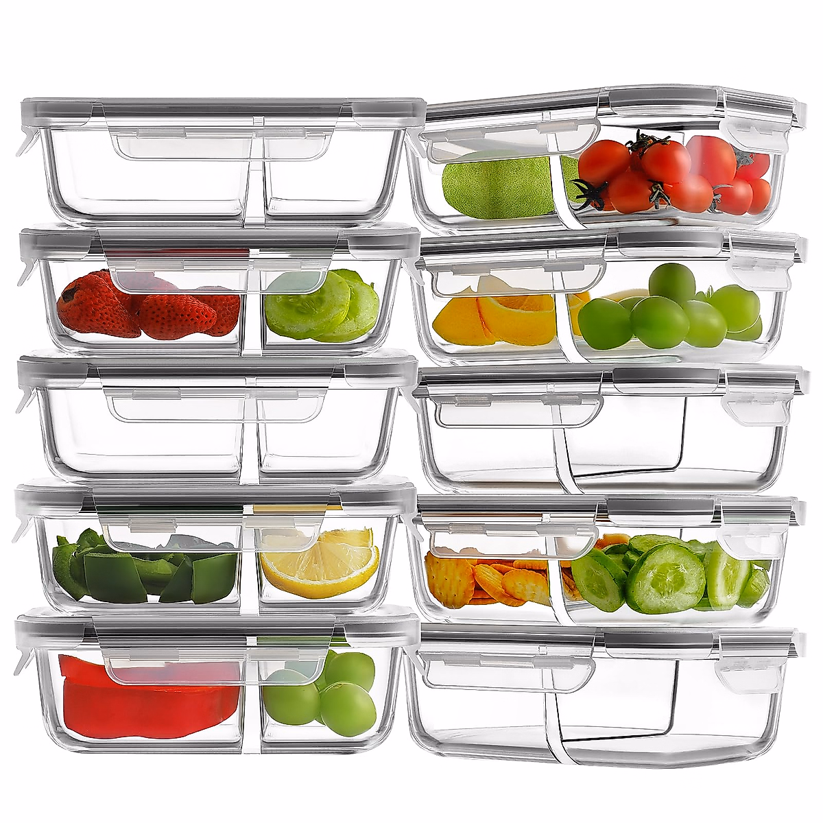 HOMBERKING 10 Pack Glass Meal Prep Containers 2 Compartment, Glass Food Storage Containers with Lids, Airtight Glass Lunch Bento Boxes, BPA-Free & Leak Proof (10 lids & 10 Containers) - Grey
