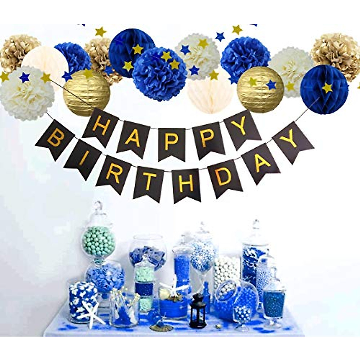InBy 17pcs Navy Blue and Gold Party Decoration Kit for Baby Boy Shower Men Women Birthday Decoration Happy Birthday Banner 12" 10" 8" Tissue Paper Flower Pom Poms Lantern Honeycomb Ball