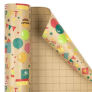 RUSPEPA Kraft Wrapping Paper Roll - Birthday Party Pattern - 30 Inches x 100 Feet