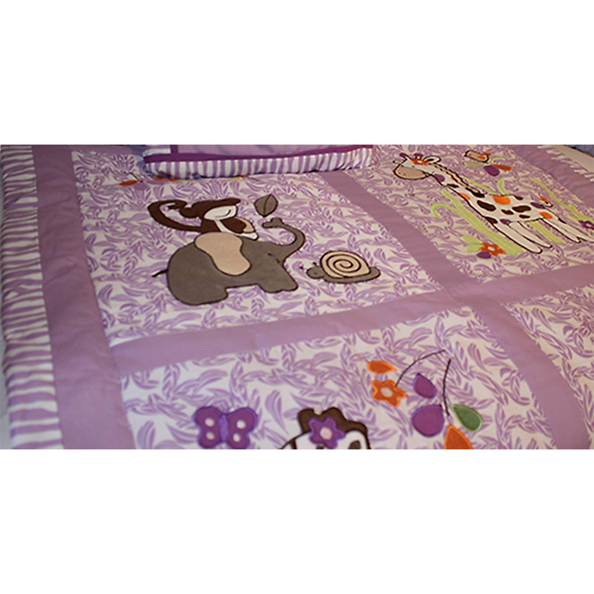 BabyFad Jungle Girl Purple with Elephant, Giraffe, Zebra and Turtle with Musical Mobile 9 Piece Baby Crib Bedding Set 100% Cotton
