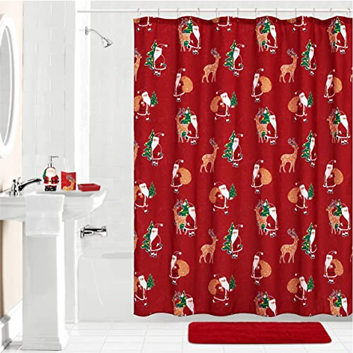 Indecor Home 17-Piece Ceramic Bathroom Accessory Set with Shower Curtain, 12 Hooks, Soap Pump, Toothbrush Holder, Soap Dish and Bath Rug Box Gift Set for Christmas Xmas (Santa)