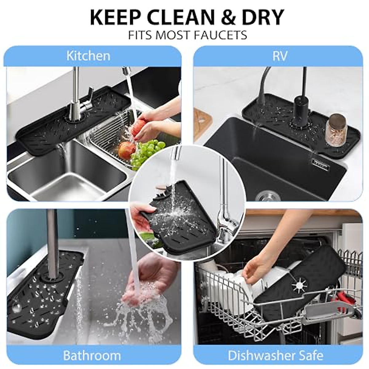 Silicone Faucet Mat for Kitchen, Sink Splash Guard, Sink Draining Pad Behind Faucet, Kitchen Sink Accessories, Faucet Absorbent Mat, Bathroom Faucet Water Catcher Mat (Black (15.4" x 5.9"))