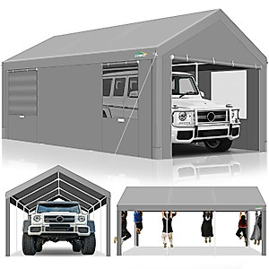 COBIZI Carport 10'x20' Heavy Duty Portable Garage, Upgraded Car Canopy with Removable Sidewalls, Ventilated Windows & Built-in Sandbags, Waterproof All-Season Tarp, Car Tent for Truck, Boat, Gray
