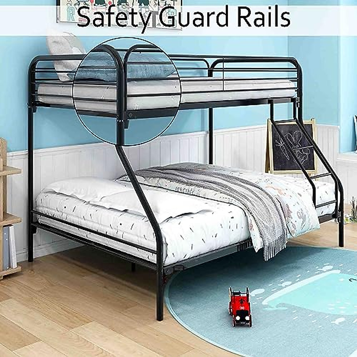 RIDFY Metal Bunk Bed with Guardrail and Ladders, Heavy Duty Twin Over Full Beds Frame for Kids/Teen/Adults, Space-Saving, Noise Free, No Box Spring Needed, Easy Assembly (Black)