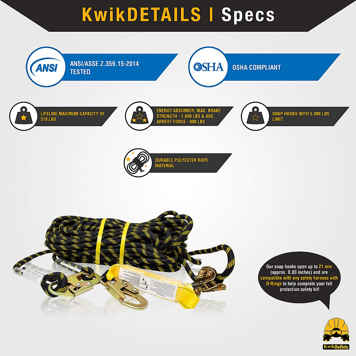 KwikSafety - Charlotte, NC - TSUNAMI [Premium BRAIDED ROPE] Vertical Lifeline ANSI OSHA Rope Grab Snap Hook Shock Absorber Fall Protection Line Kit Restraint System Roofing Safety Equipment / 50 FT.