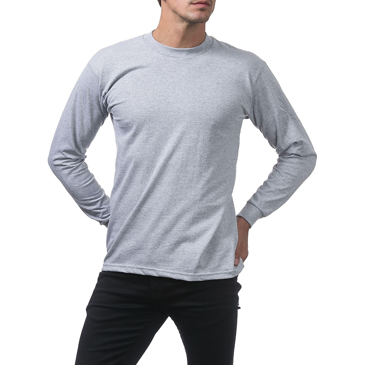 Pro Club Men's Heavyweight Cotton Long Sleeve Crew Neck T-Shirt, Heather Gray, 2X-Large