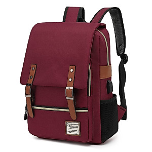 Mancio Vintage Slim Laptop Backpack for Women Men,Tear Resistant Business College Bag with USB Charging Port,Fits up to 15.6Inch Laptop in Red