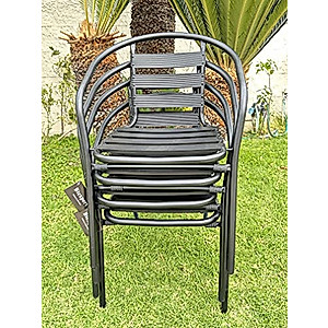 BTEXPERT Indoor Outdoor 23.75" Restaurant Stainless Steel Metal Aluminum Slat Stack Commercial Lightweight, 4 Chairs with a Square Table, Silver/Black