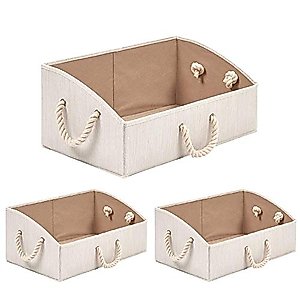 BeigeSwan Large Storage Bins [set of 3] Trapezoid Collapsible Organizer Boxes Baskets with Cotton Rope Handle - 19.7 x 11.2 x 8.3 inches (Beige)