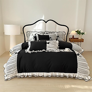 IHOUSTRIY Kid Duvet Cover Full Size, Ruffle Beddding Set with Bowtie, 3 Pieces Comforter Cover Set with Zipper Closure, Girl Bedding with Pillowcase - Black, Full, Comforter Not Included