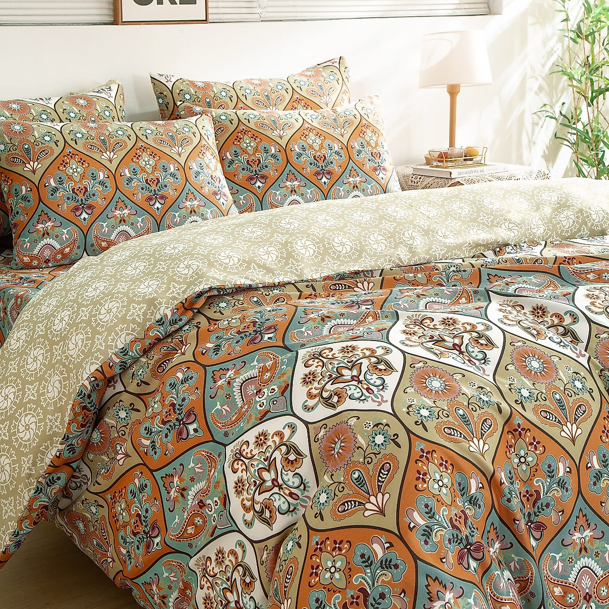 DaDa Bedding Bohemian Duvet Cover w/Pillow Cases - Reversible Coral Teal Floral Paisley Botanical Garden Party - Bright Vibrant Multi-Colorful Blue Salmon Pink - Full - 3-Pieces