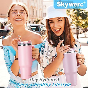 Skywerc 40 oz Tumbler With Handle and Straw | Double Wall Vacuum Insulated Travel Mug | Stainless Steel Water Bottle Cup | Keeps Drinks Cold up to 34 Hours | Cupholder Friendly | BPA Free | Pale Pink