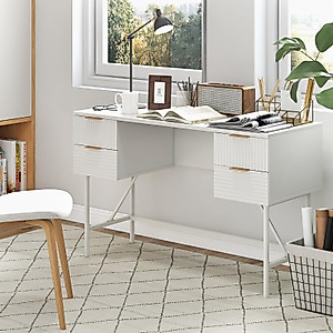 Giantex Modern Desk with 4 Drawers, 48 Inch Computer Desk with Storage, Heavy-Duty Gold Metal Frame, Makeup Vanity Dressing Table, White and Gold Desk for Bedroom Study Home Office