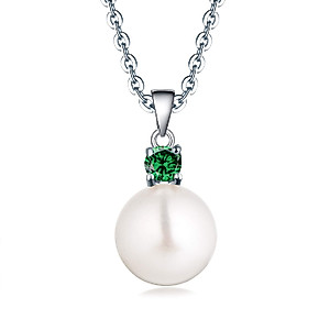 JO WISDOM Pearl Necklace,925 Sterling Silver Cubic Zirconia 10mm White Freshwater Pearl Pendant Necklace,Created Emerald May Birthstone Jewelry for Women