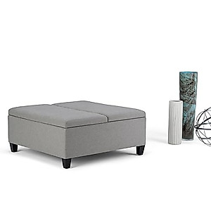 SIMPLIHOME Ellis 36 inch Wide Contemporary Square Coffee Table Storage Ottoman in Dove Grey Linen Look Fabric, Assembled, For the Living Room and Bedroom
