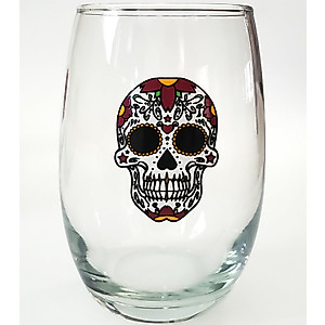 Skull Day of the Dead Glass Stemless Wine Glasses, Set of 4