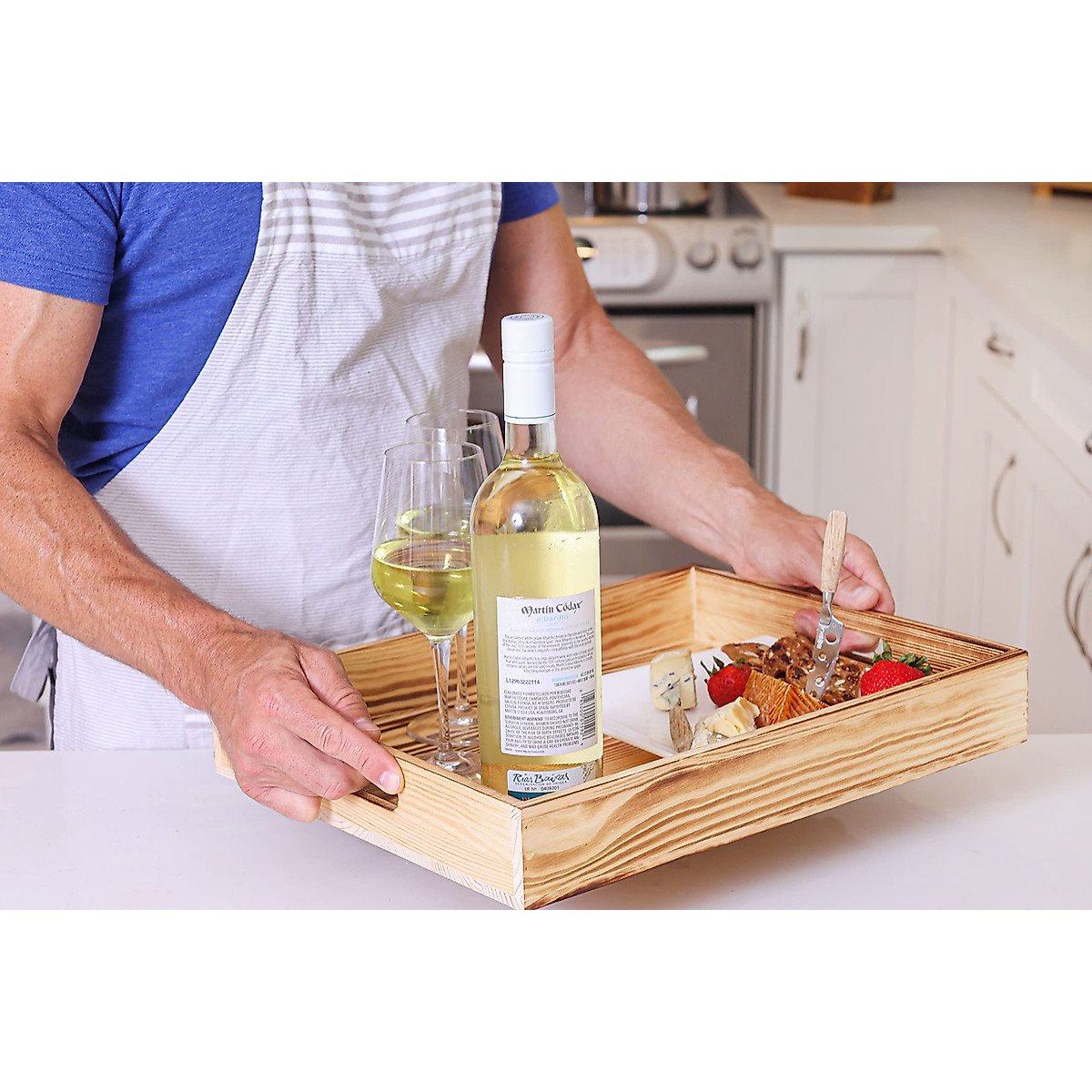 Wood Serving Tray with Handles Rectangular Wooden Coffee Table Breakfast Large Tray for Eating, Bedroom, Kitchen, Living Room - 17x13 inches