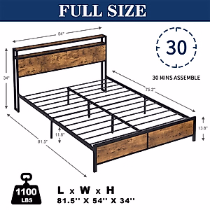 Anwick Industrial Full Bed Frame with LED Light Headboard, Metal Platform Bed with USB Charging Station, Under Bed Storage, No Box Spring Needed (Black, Full)