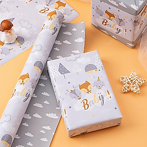 WRAPAHOLIC Reversible Baby Shower Wrapping Paper - Mini Roll - 17 Inch X 33 Feet - Grey Animal Design Neutral Baby Shower, Boys Girls Kids Birthday