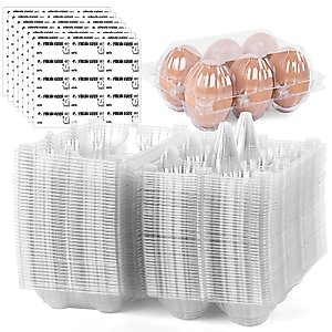 HAKSEN 100PCS Plastic Egg Cartons, Clear Egg Holders with Labels Egg Cartons Cheap Bulk for Home Ranch Chicken Farm Market Display, 6-cavity